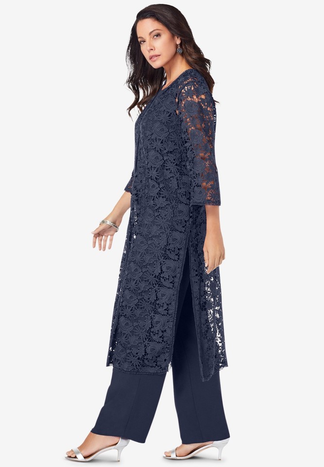 Roaman's Women's Plus Size 3-Piece Allover Lace Duster Pant Set ...