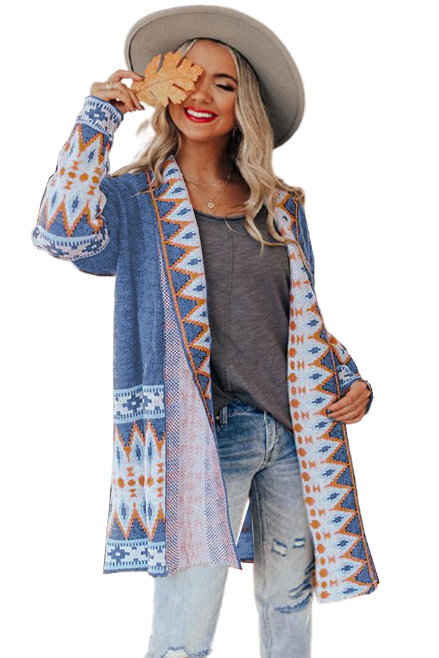 Women Blue Aztec Print Open Front Knitted Cardigan | eBay