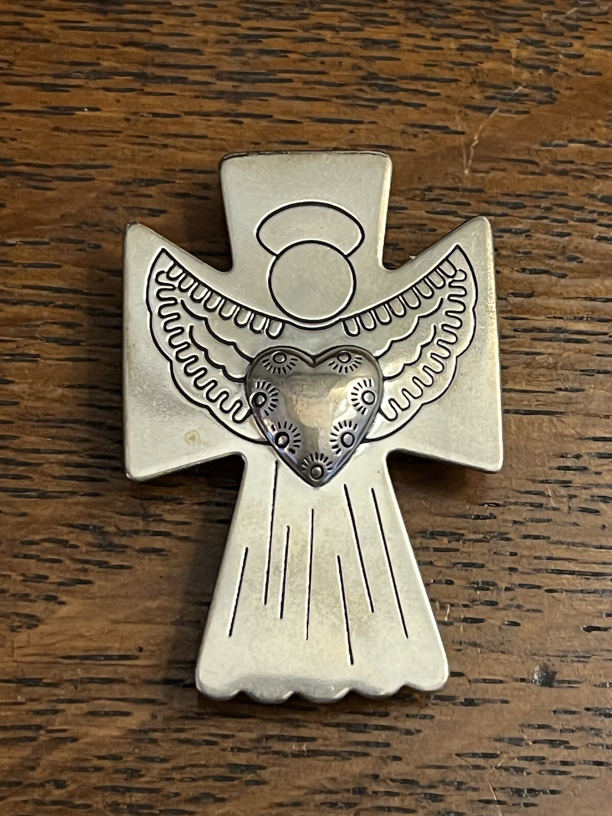 STERLING SILVER 925 ANGEL CROSS PENDANT/BROOCH W/HEART IN CENTER ...