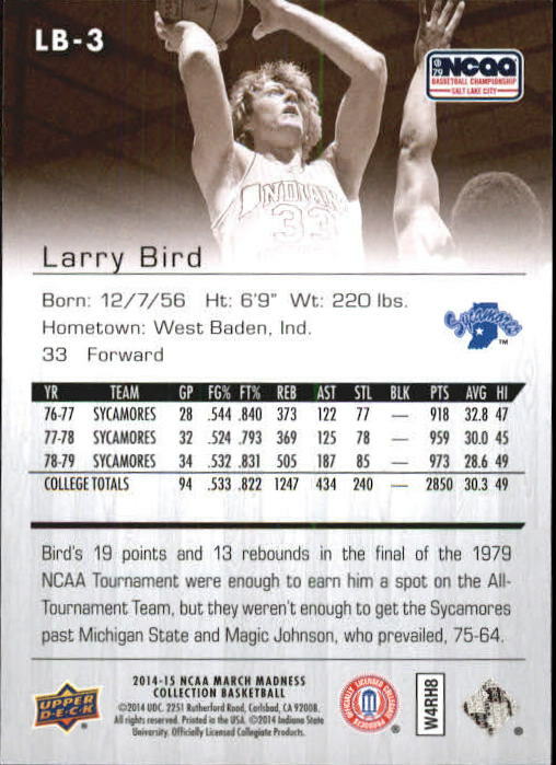 LARRY BIRD Indiana State 2014 Upper Deck March Madness #LB-3 RARE SEPIA ...