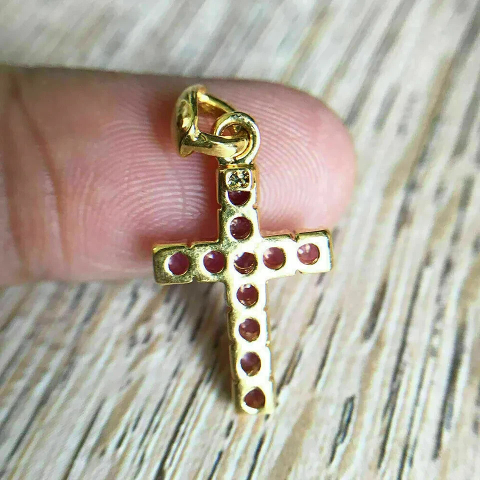 1.00Ct Round Cut Red Ruby Cross Pendant 14K Yellow Gold Finish Free ...