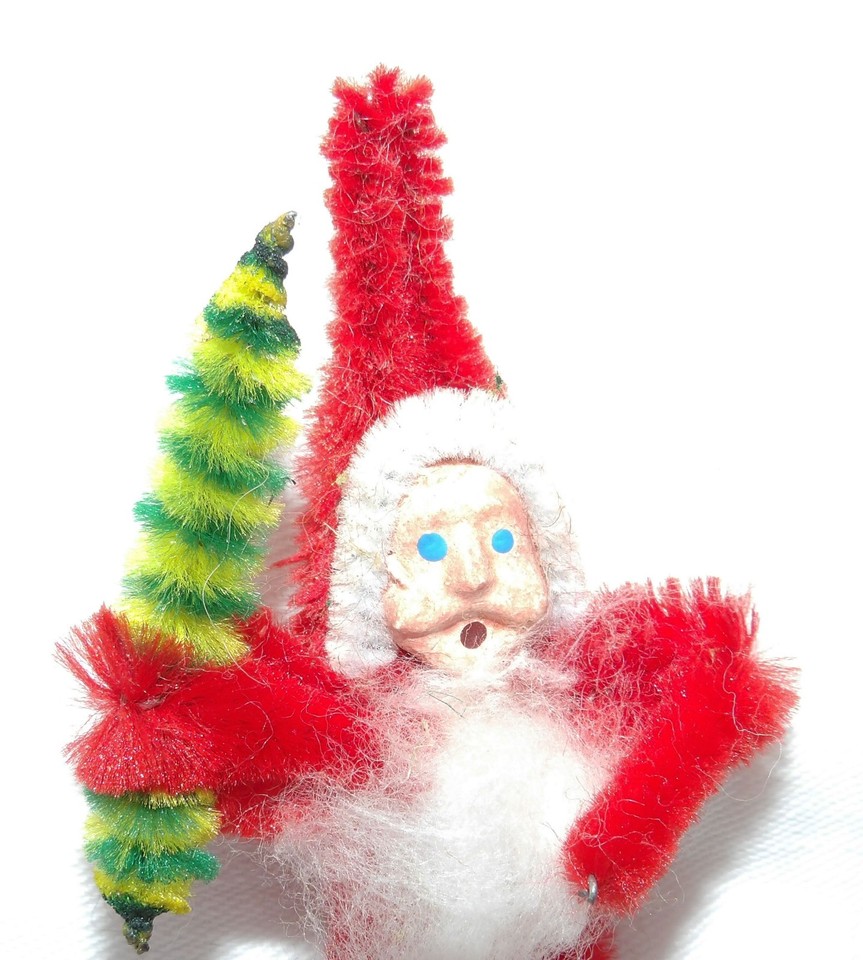 2 Vintage Chenille Pipe Cleaner Santa's with Clay Faces from Occupied ...