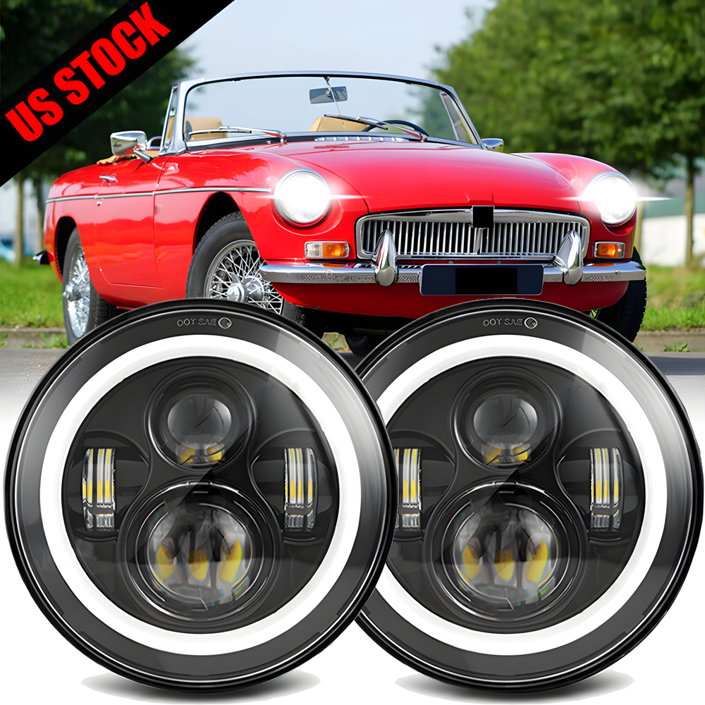 For MG MGB 1969-1981 Pair 7" Round LED Headlights Black Hi-Lo Beam DOT ...