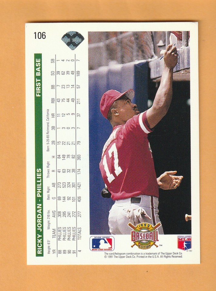 Ricky Jordan Philadelphia Phillies AUTO Signed 1992 Upper Deck ...