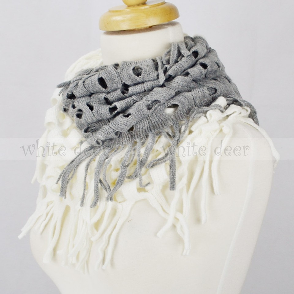 Two Tone Color Knit Infinity Winter Scarf Elastic Warm Hollow Out ...