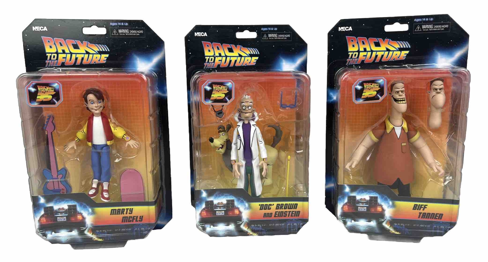 Universal BACK TO THE FUTURE Marty McFly Doc Brown Biff Tanner NECA Set ...