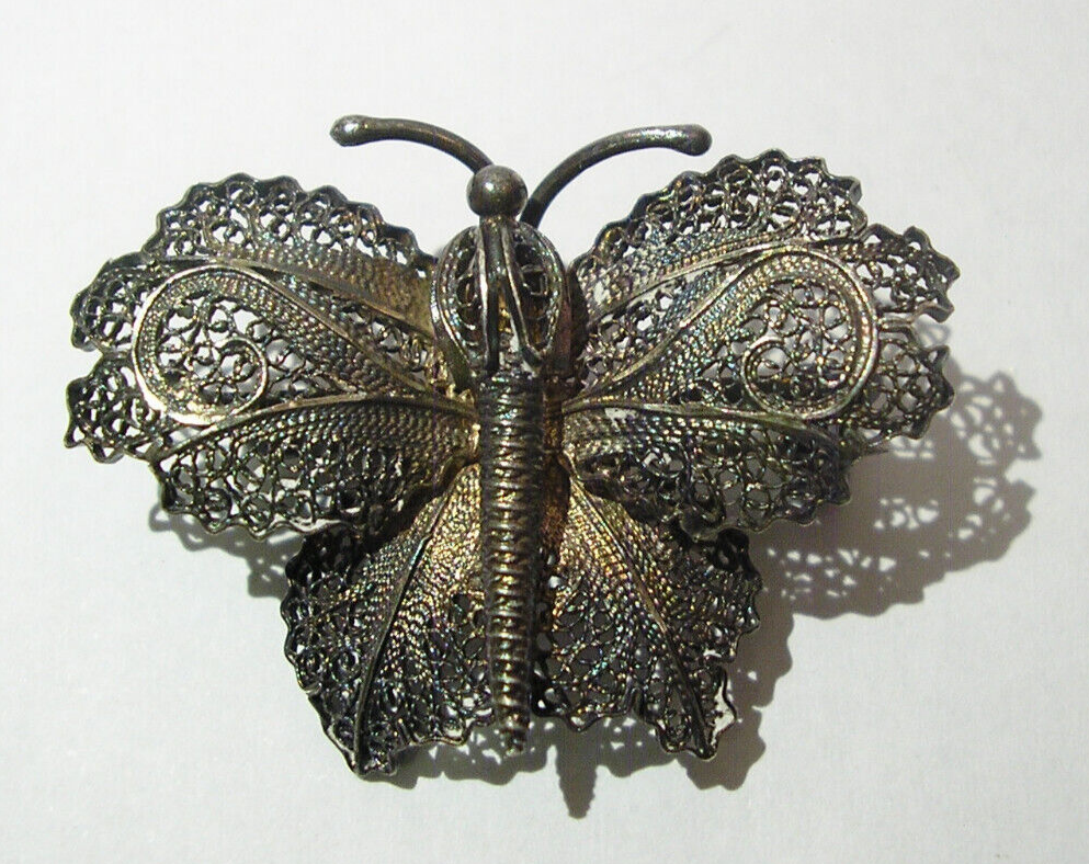 Antique Sterling Silver Brooch Filigree Butterfly Detailed Insect ...