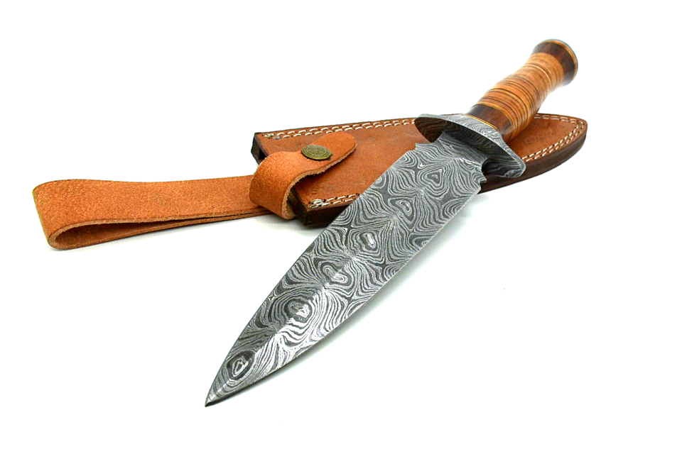 Dagger-Style Damascus Steel Knife Leather-Clad Handle and Matching ...