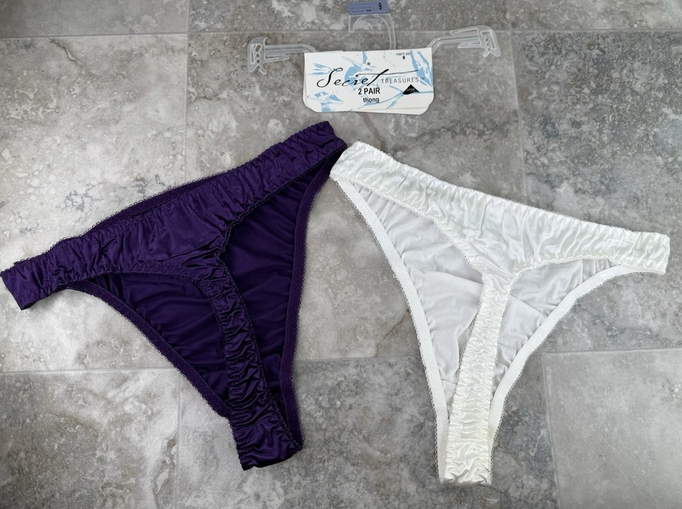 Vtg Nylon Panty Set of 2 NOS Secret Treasures Satin Thong Sz 9 Purple & White | eBay
