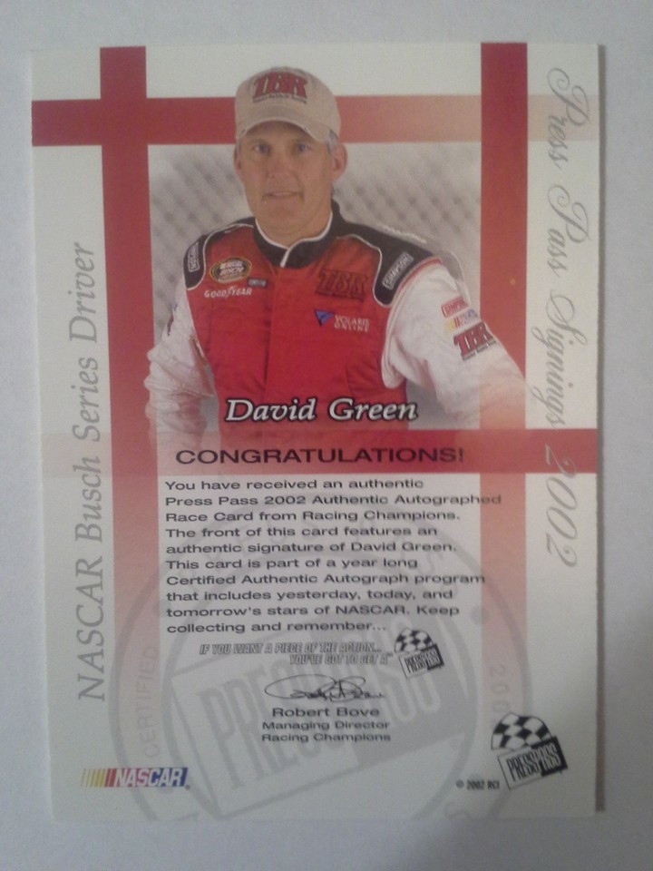 2002 Press Pass Signings DAVID GREEN #34 AFG Glass Autograph Nascar ...