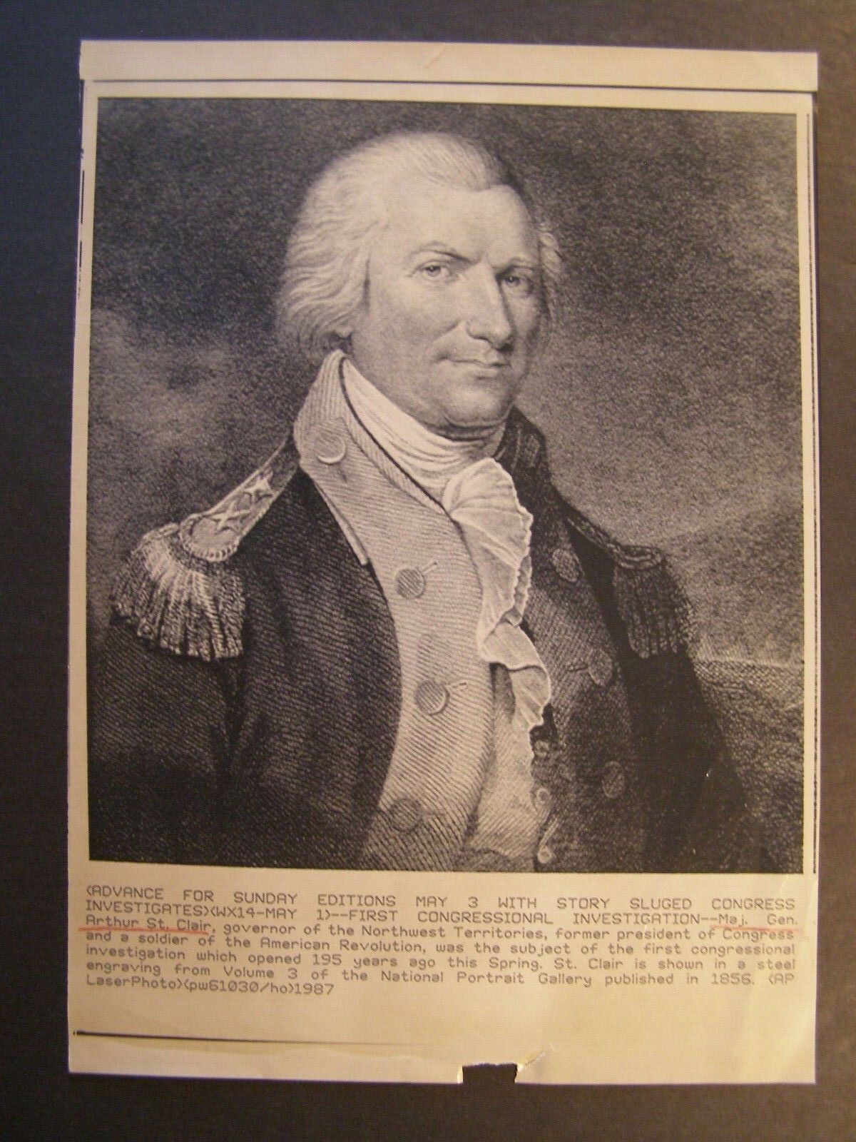 AP Wire Press Photo 1987 Maj Gen Arthur St Clair American Revolution in ...
