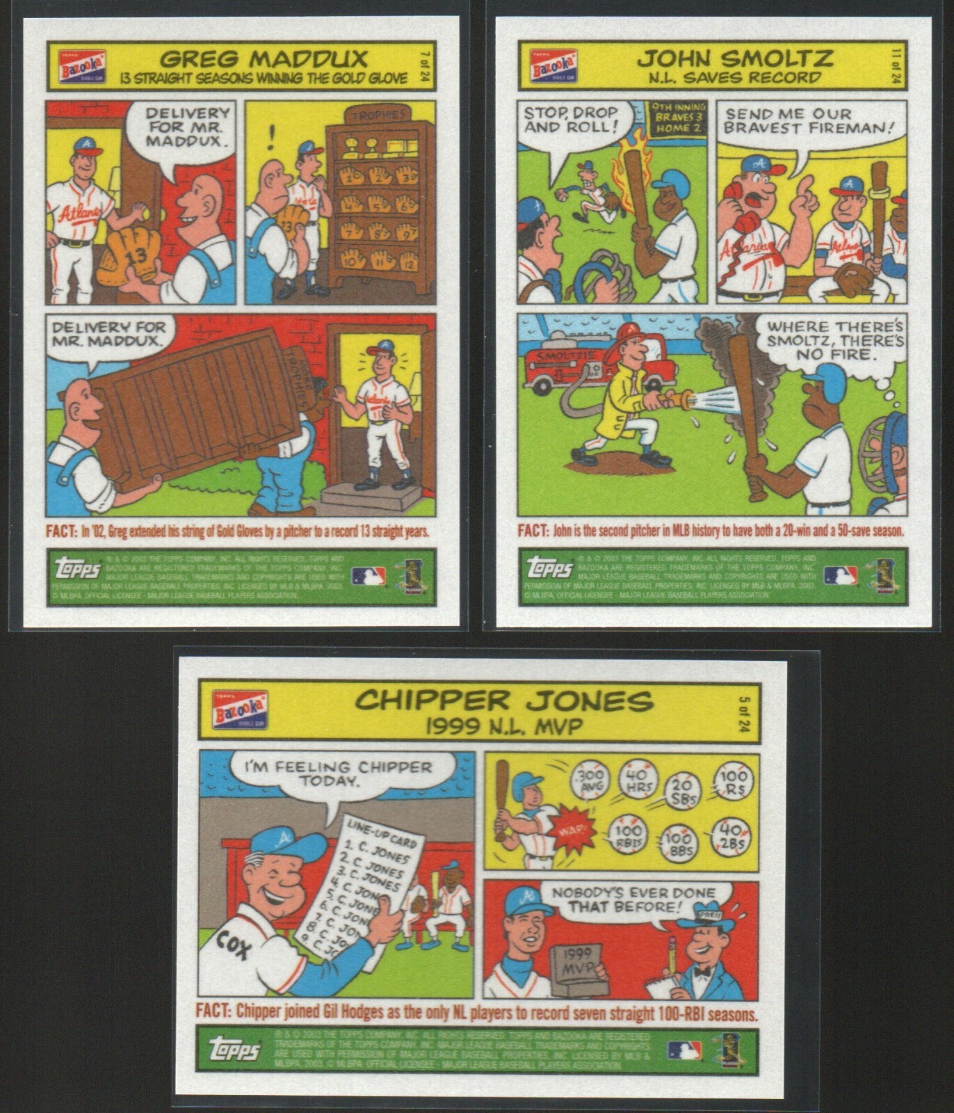 Chipper Jones Greg Maddux John Smoltz 2003 Bazooka Comics (3) Card Lot ...