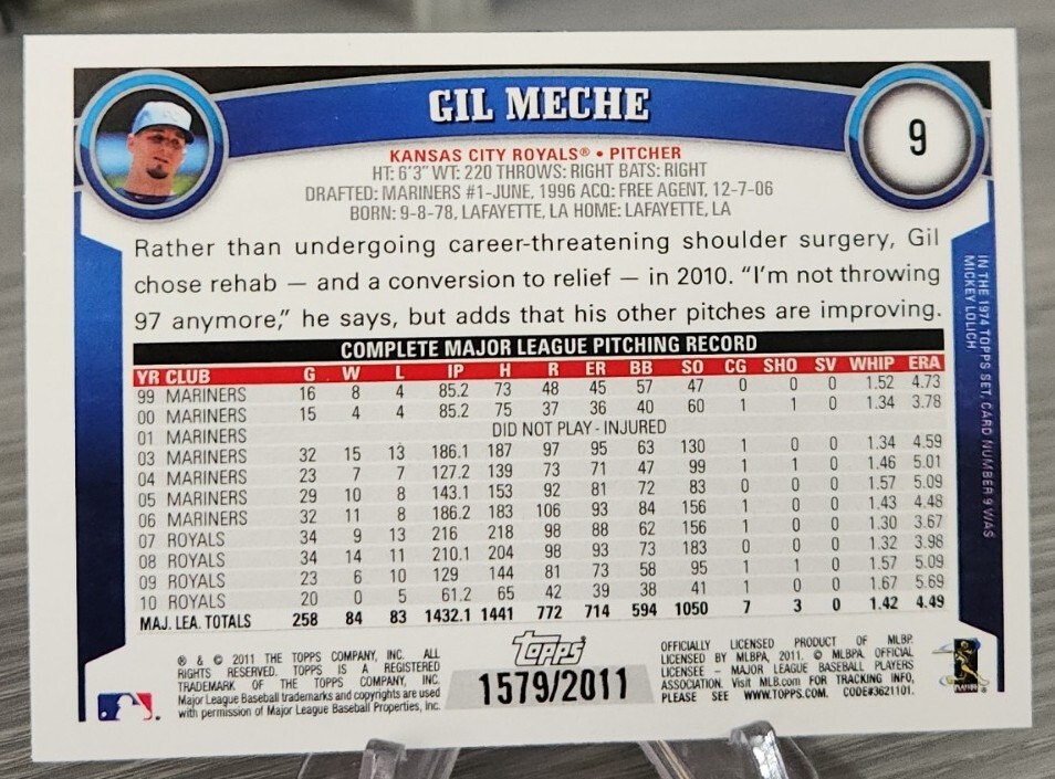 Gil Meche 2011 Topps Series 1 #9 Gold Parallel /2011 Kansas City Royals ...