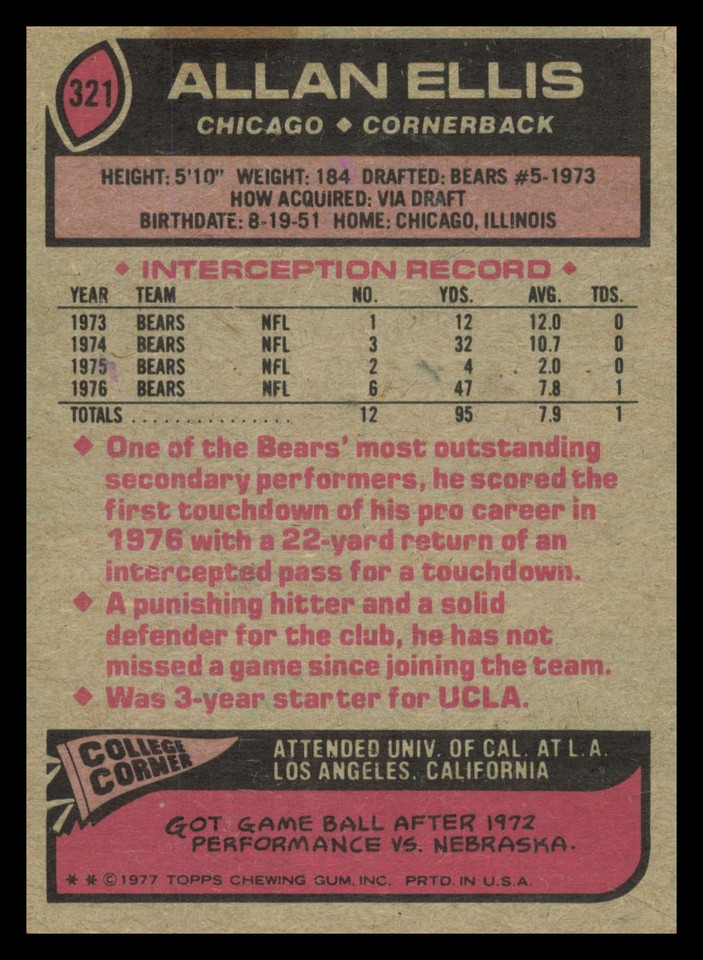 1977 Topps Football #321 Allan Ellis RC Chicago Bears | eBay