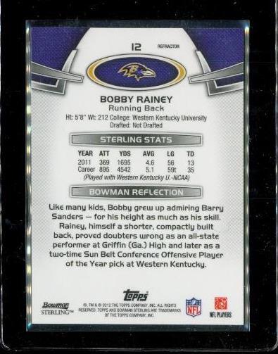 2012 TOPPS BOWMAN STERLING Refractor Football Card #12 BOBBY RAINEY ...