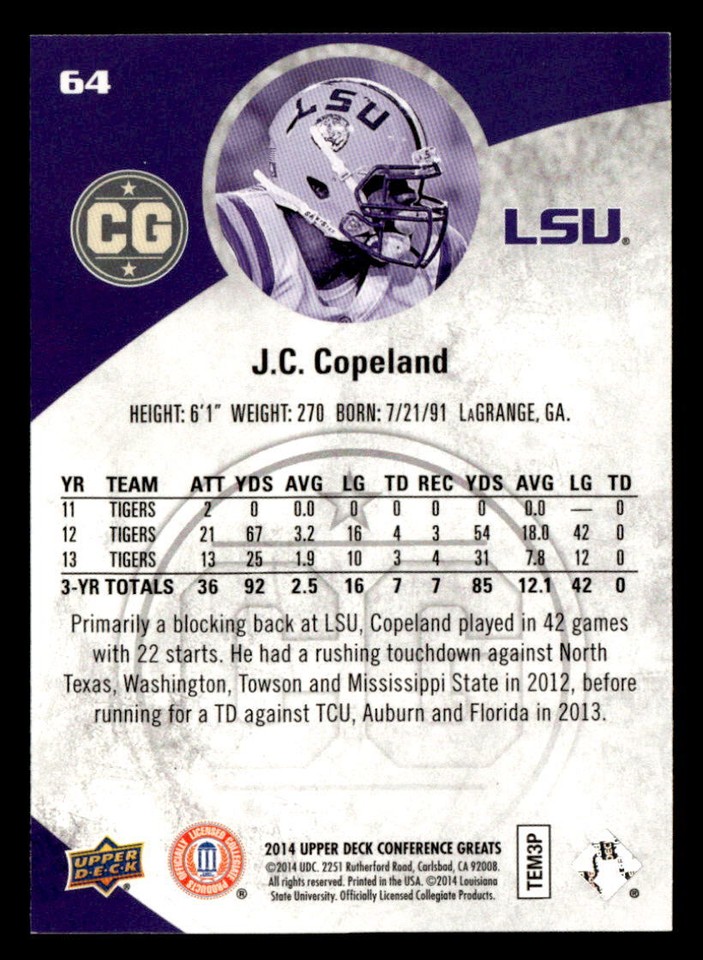 J.C. Copeland 2014 Upper Deck Conference Greats Card #64 LSU Tigers | eBay