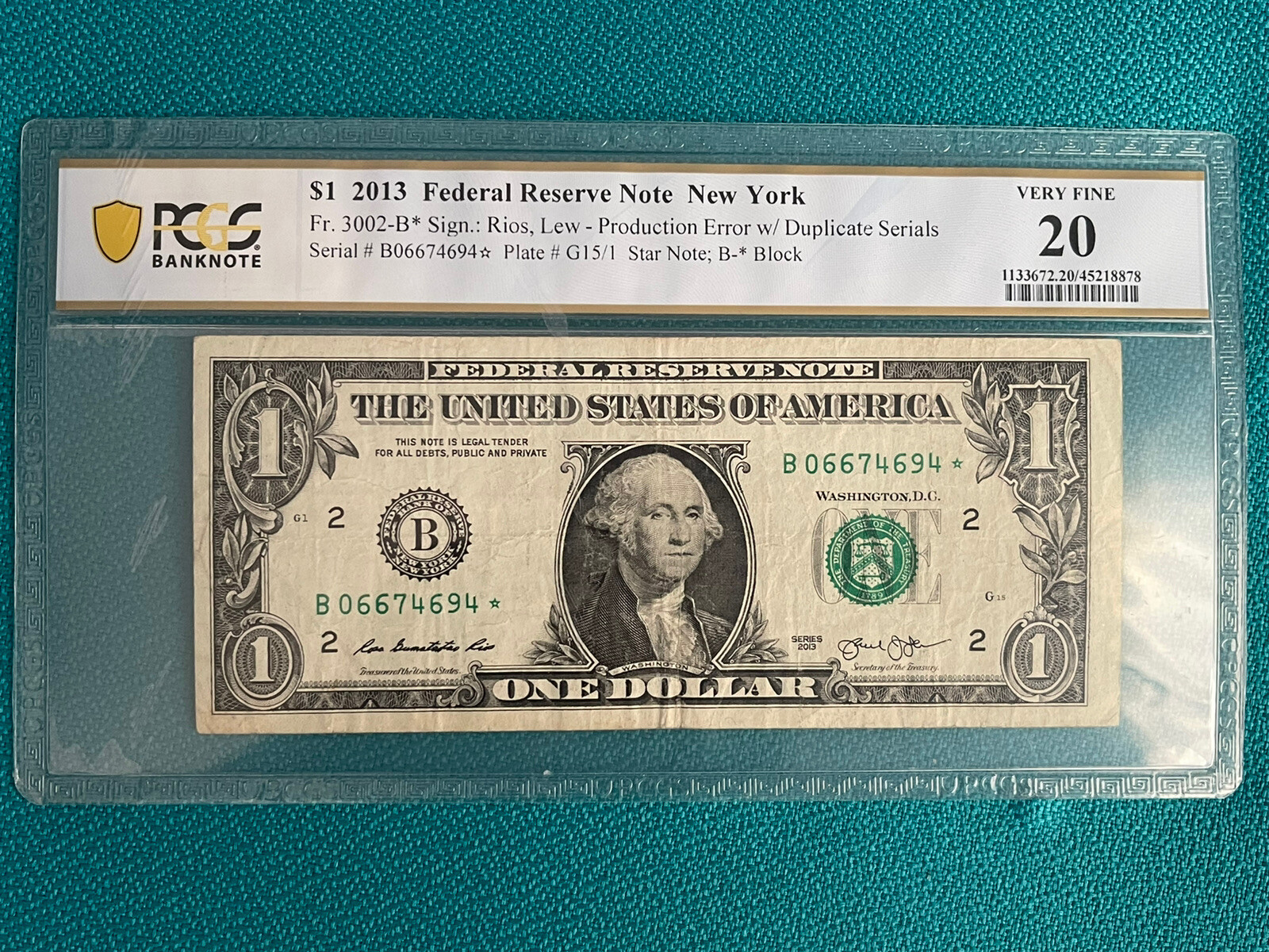 2013 $1 DUPLICATE ST R Bill MATCHED PAIR UNC-GEM PCGS "67PPQ" - B 0 66 ...