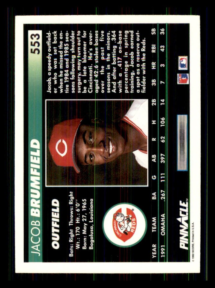 1992 BASEBALL 1992 Pinnacle Jacob Brumfield Cincinnati Reds #553 RP1 ...