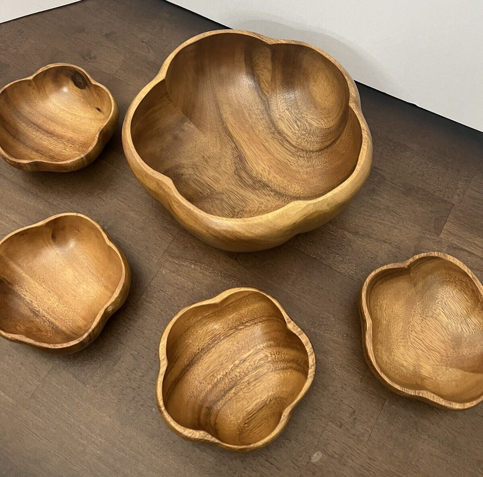 Vintage Dolphin Genuine Monkey Pod Wood 5 Pcs Salad Bowl Set Made in ...