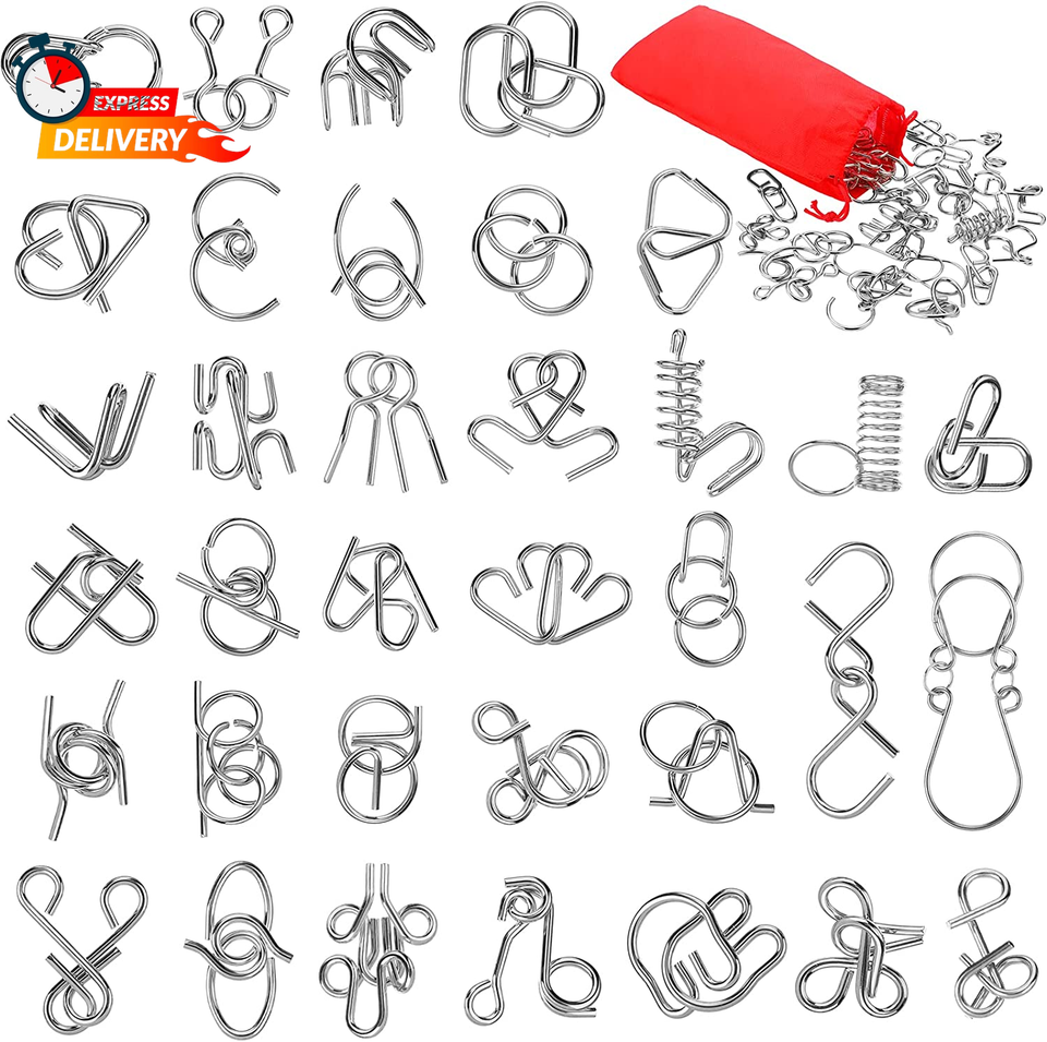 Yilloog Metal Brain Teaser Puzzles Set of 36 with Pouch, Steel IQ Games ...