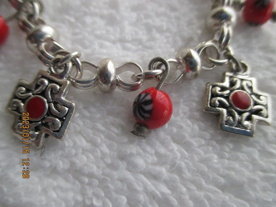 Silver Chain with Red & Silver Charm Bracelet 7-3/4" Plus 3/4" Vintage ...
