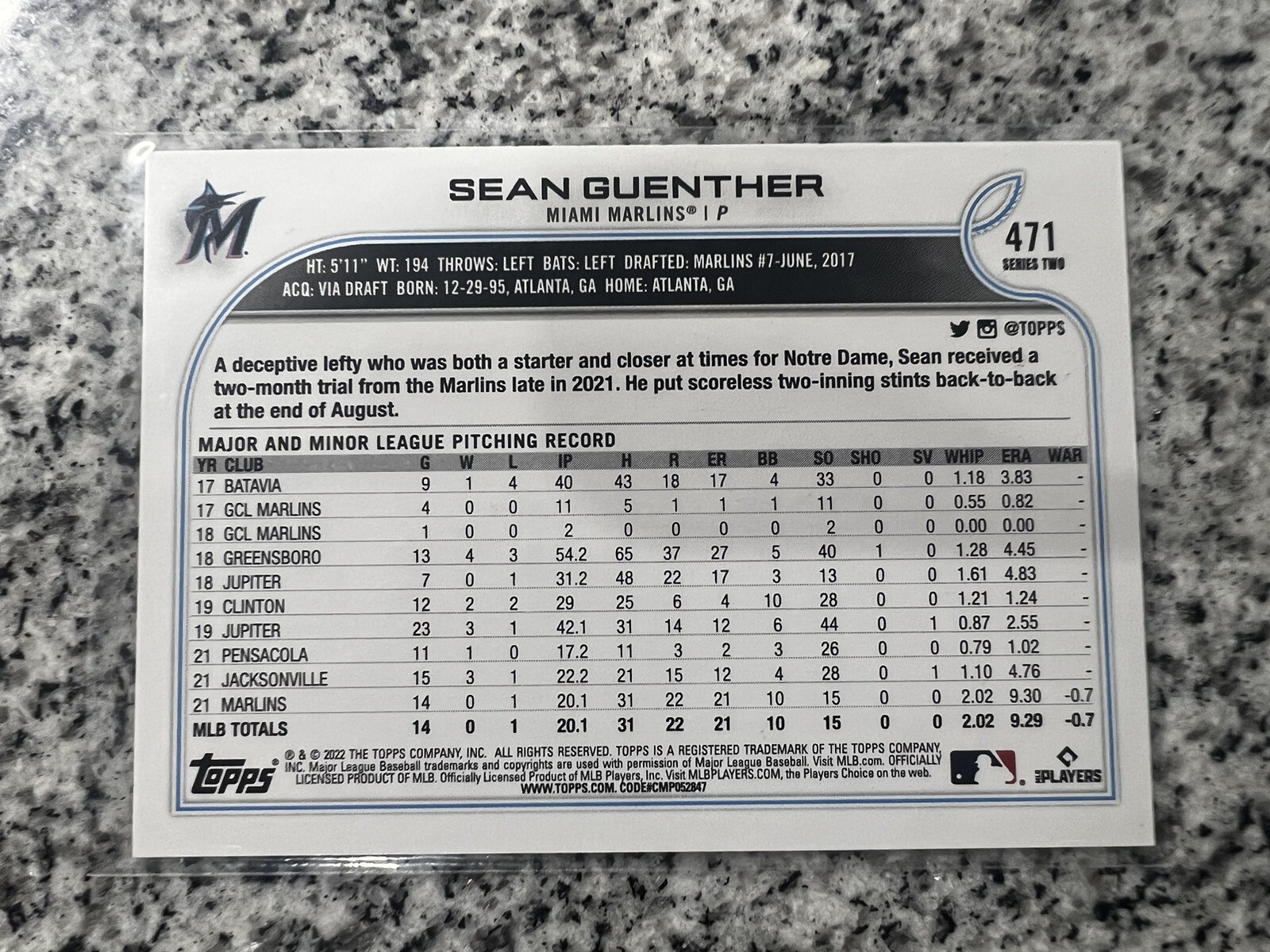 SEAN GUENTHER RC 2022 TOPPS SERIES 2 ROOKIE #471 MIAMI MARLINS | eBay