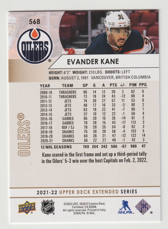 2021-22 Upper Deck Evander Kane SPECKLED RAINBOW FOIL #568 Edmonton ...