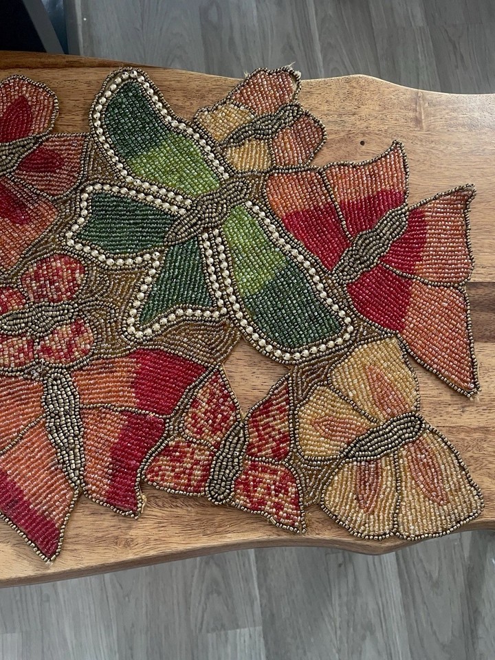 Pier 1 Imports Red Brown Green Goldheavy beaded table runner round ...