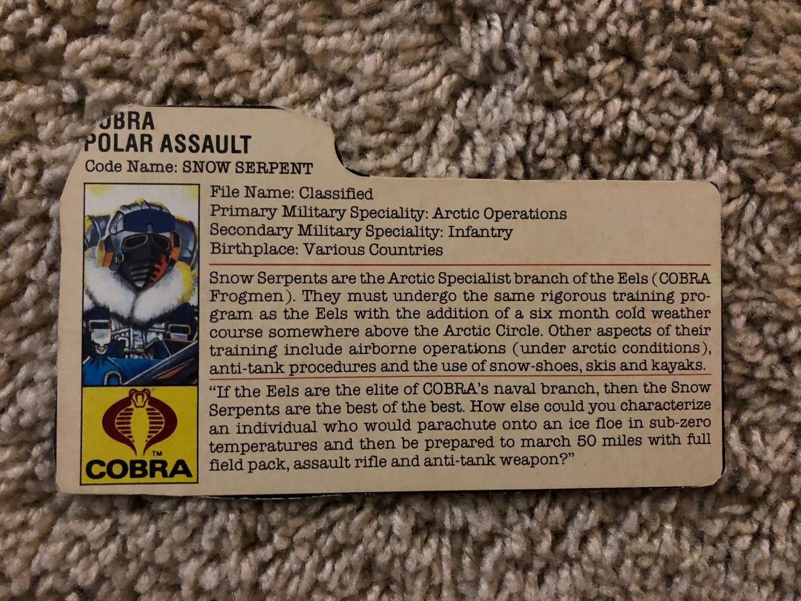 1985 GI Joe Snow Serpent File Card | eBay