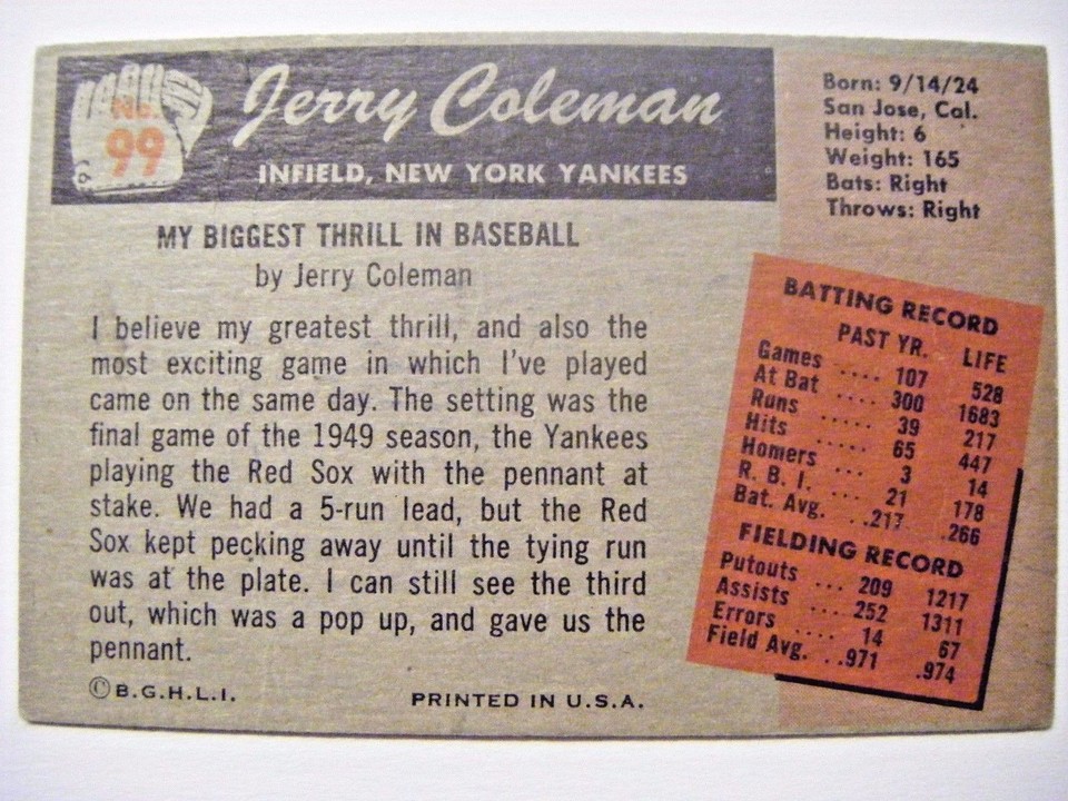 JERRY COLEMAN signed YANKEES 1955 Bowman baseball card AUTO Autographed ...