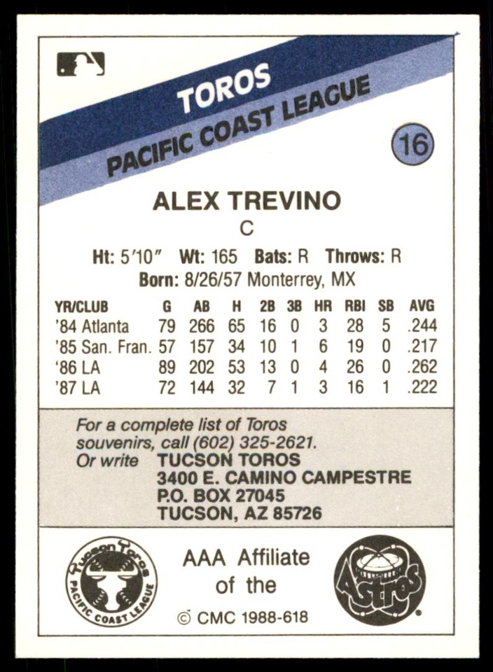 1988 CMC MINOR LEAGUE ALEX TREVINO TUCSON TOROS #16 | eBay