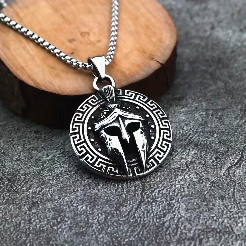 Silver Greek Spartan Warrior Helmet Pendant Necklace Chain Men's ...