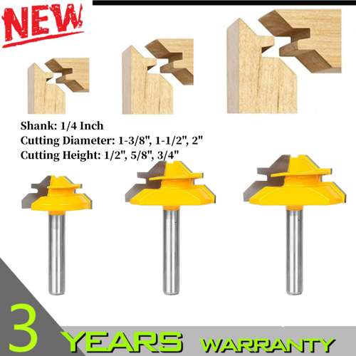 Pack of 3 45 Degree Lock Miter Router Bit Set 1-3/8"*1/2", 1-1/2"*5/8 ...