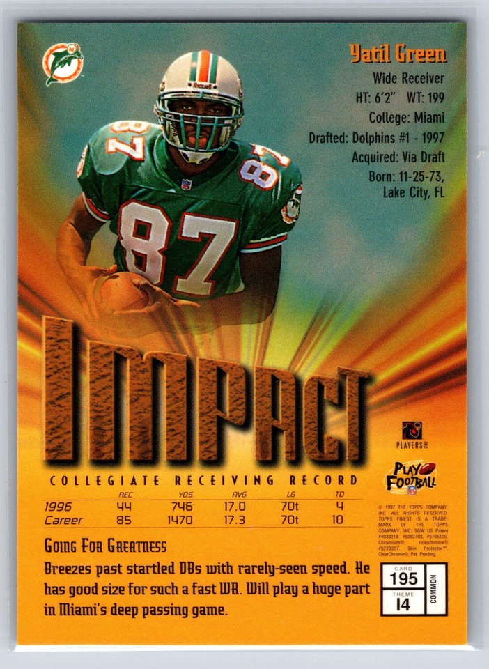 1997 Finest #195 Yatil Green W/Coating Miami Dolphins | eBay