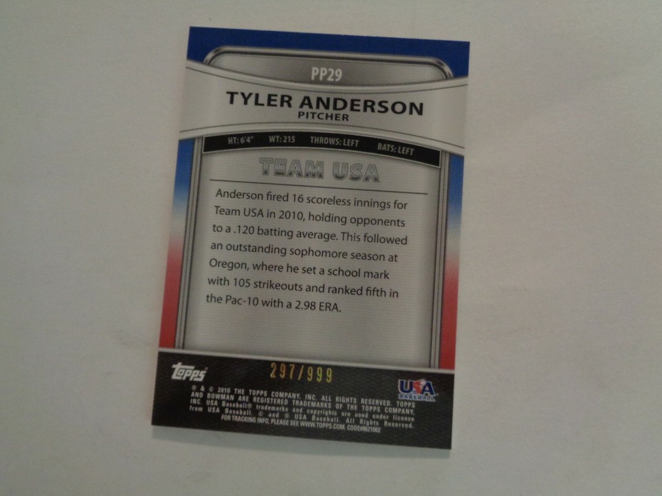 2010 Bowman Platinum Tyler Anderson Card #PP29 Serial #297/999 | eBay
