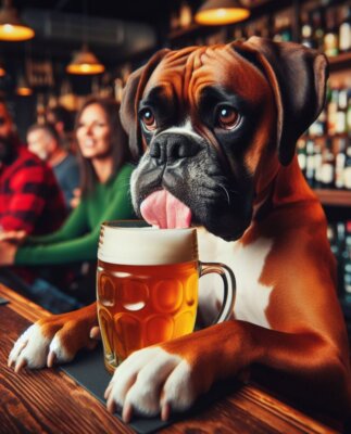 BOXER DOG DRINKING BEER FROM A MUG in A BUSY BAR Art Print (226-Q) | eBay