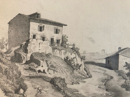Very Beautiful Drawing 19th Century 1850 Pencil Landscape Old Village ...