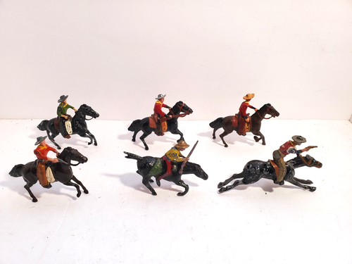 Six 3" tall toy lead Cowboys on horseback w/ articulated arm holding ...