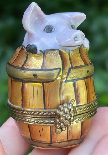 LIMOGES FRANCE signed porcelain trinket box Pig in golden wine barrel ...