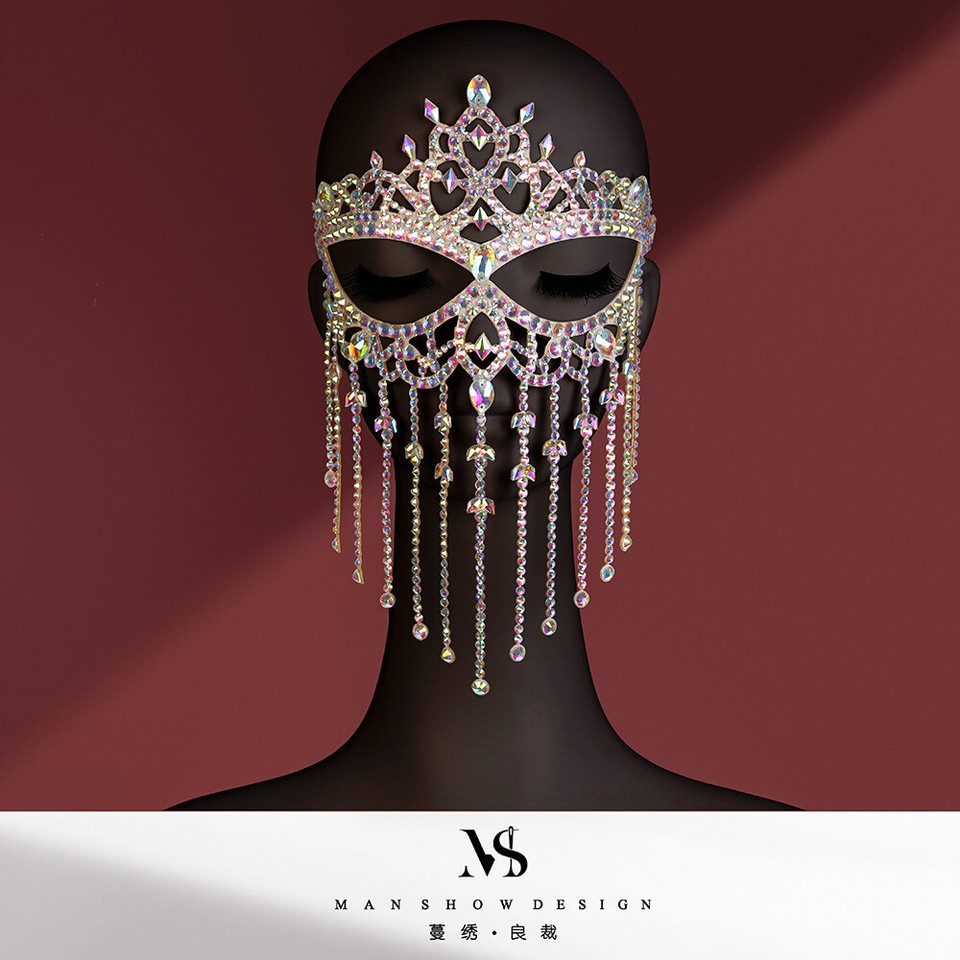 Belly Dance Rhinestone Long Tassel Face Veil Face Mask Women Masquerade ...