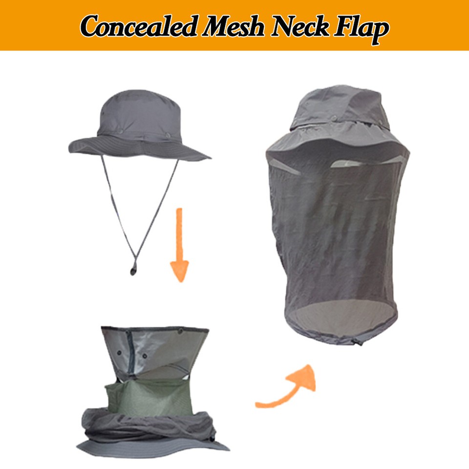 Mosquito Head Net Sun Hat Hidden Mesh Neck Flap Cover Fishing Hiking ...
