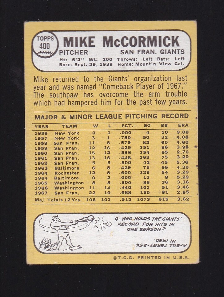 1968 Topps Mike McCormick Autograph #400 San Francisco Giants | eBay
