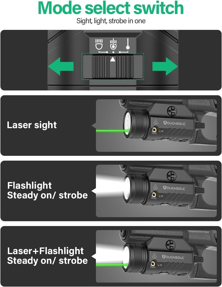TOUGHSOUL 1200 Lumens Tactical Flashlight w/ Green Laser Picatinny ...