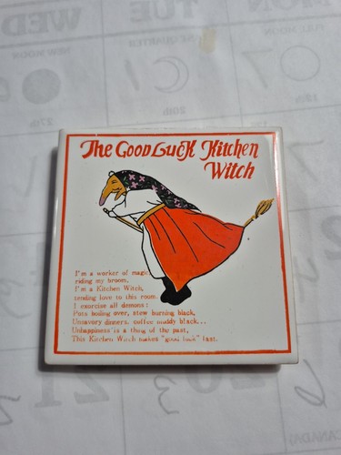Vintage Good Luck Kitchen Witch Poem Porcelain Tile Footed Ceramic ...