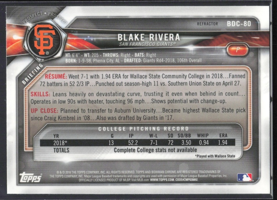 2018 Bowman Chrome Draft Refractor 1st Bowman Blake Rivera #BDC-80 San ...