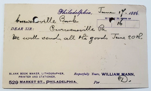1886 Postcard, William Mann, Blank Book Dealer, Philadelphia ...