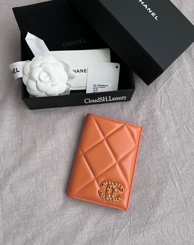 Auth BN Chanel Orange Quilted Lambskin CC Logo Passport Holder w/ Gold ...