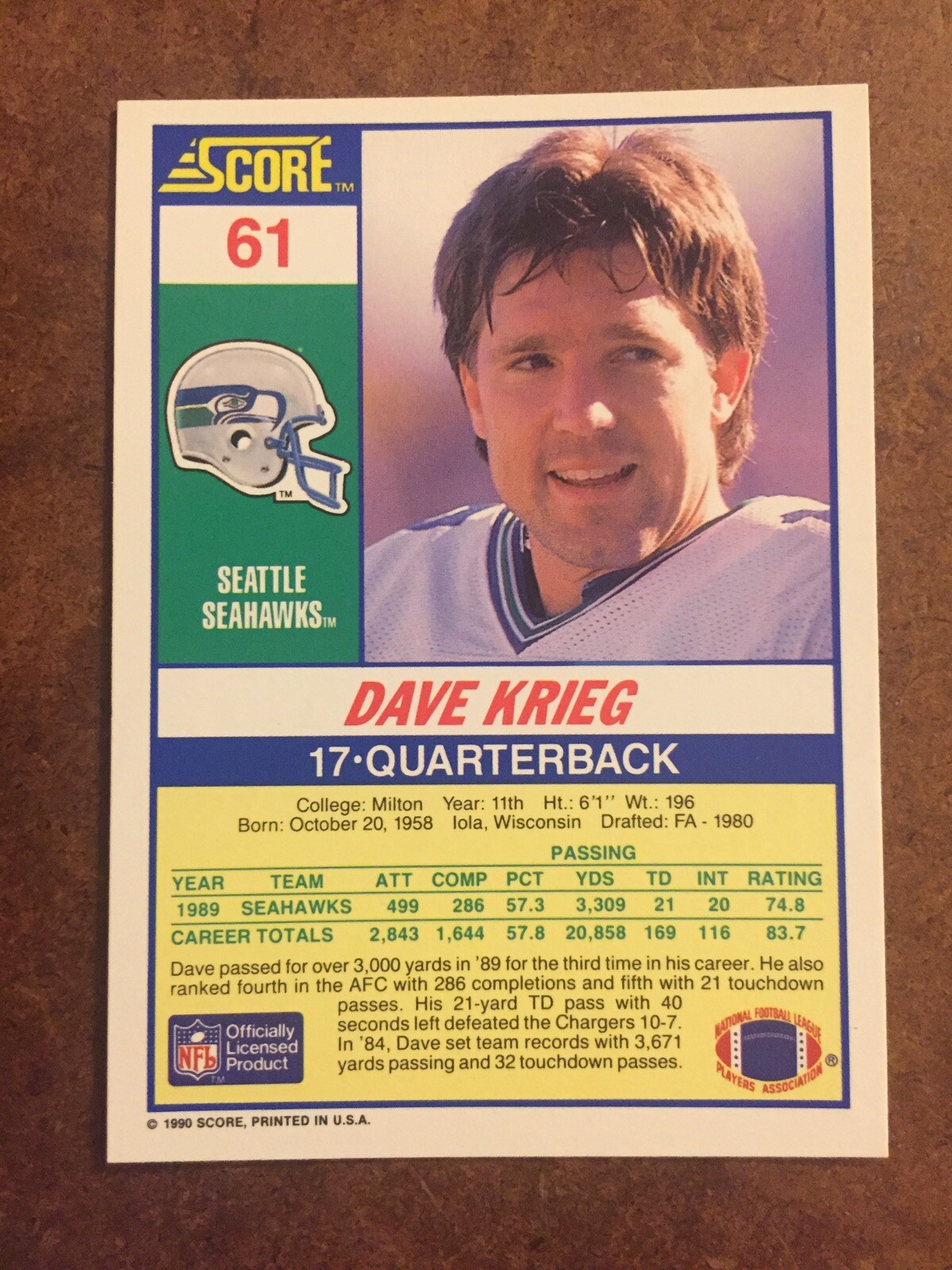 Dave Krieg 61 Score 1990 NFL Football Trading Card | eBay