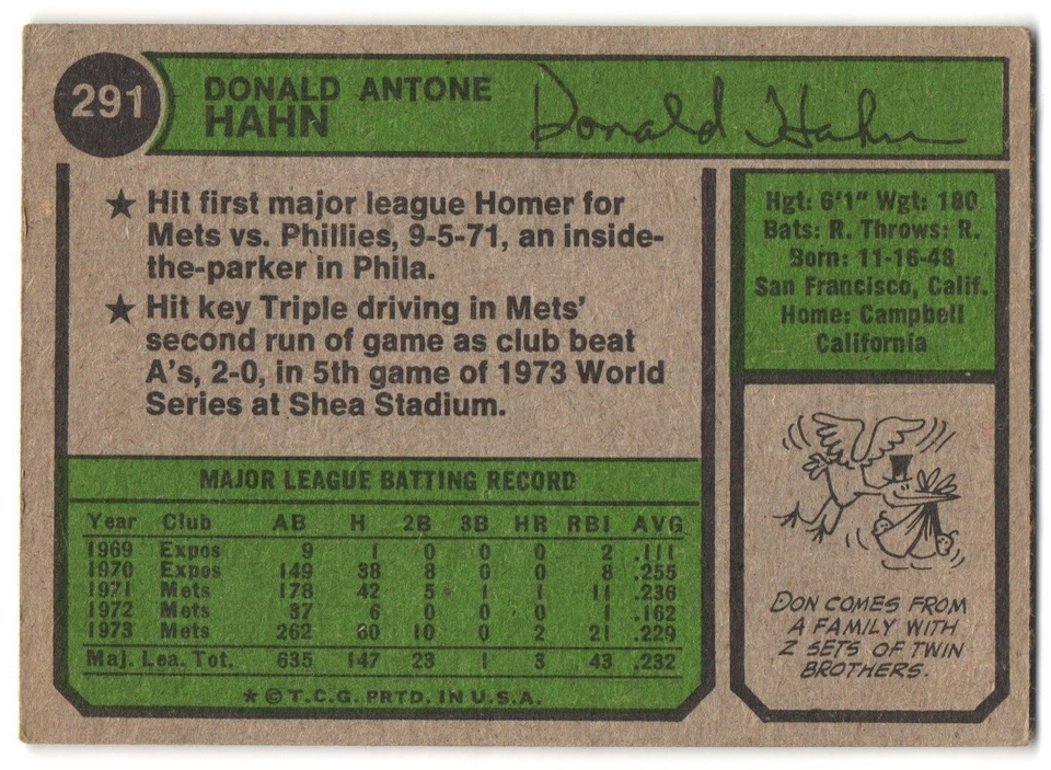 Don Hahn 1974 Topps ML Baseball Card # 291 NY Mets | eBay
