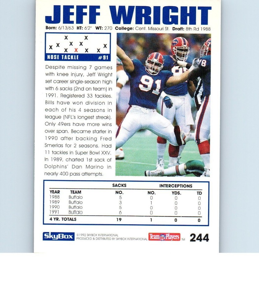 Jeff Wright 244 Bills 1992 Skybox Football Trading Card | eBay